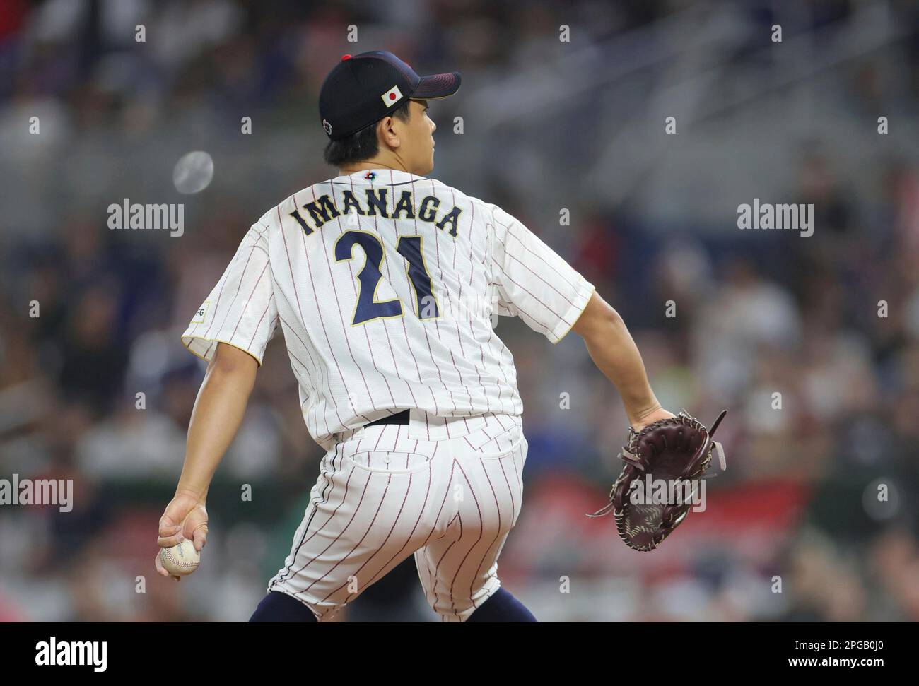 Japan's starter Shota Imanaga throws a ball at the World Baseball Classic (WBC) final match ...