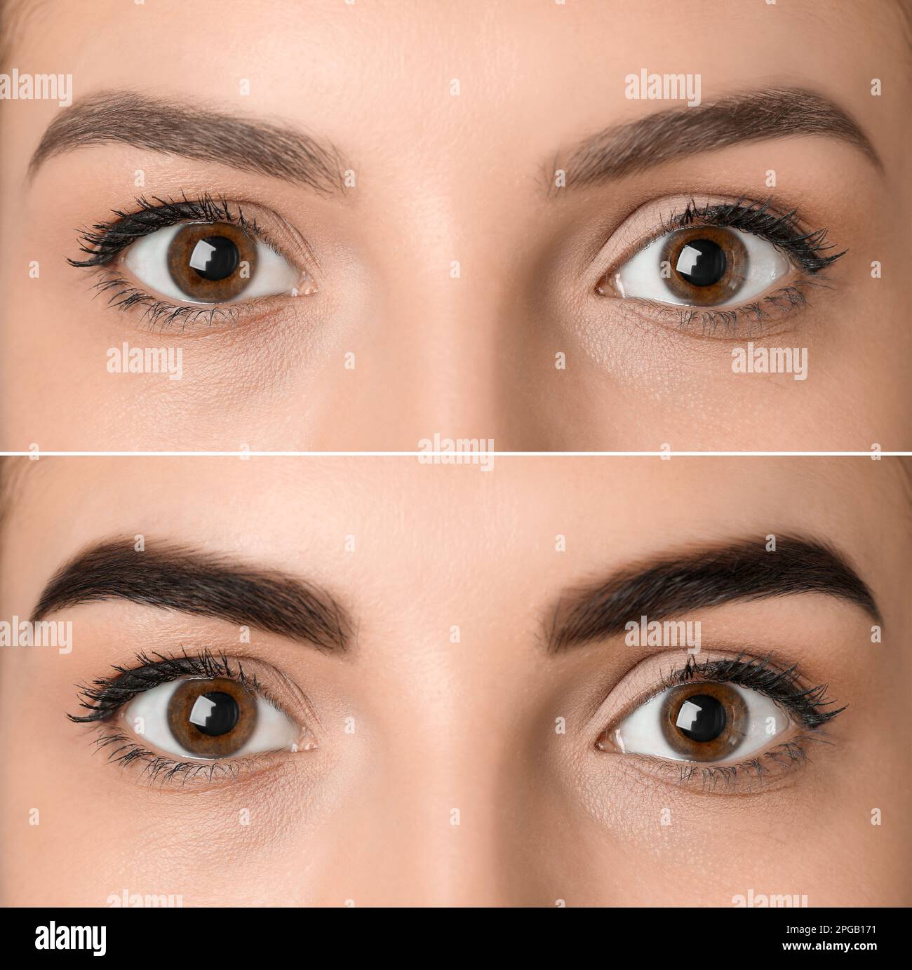 Collage with photos of young woman before and after permanent makeup ...