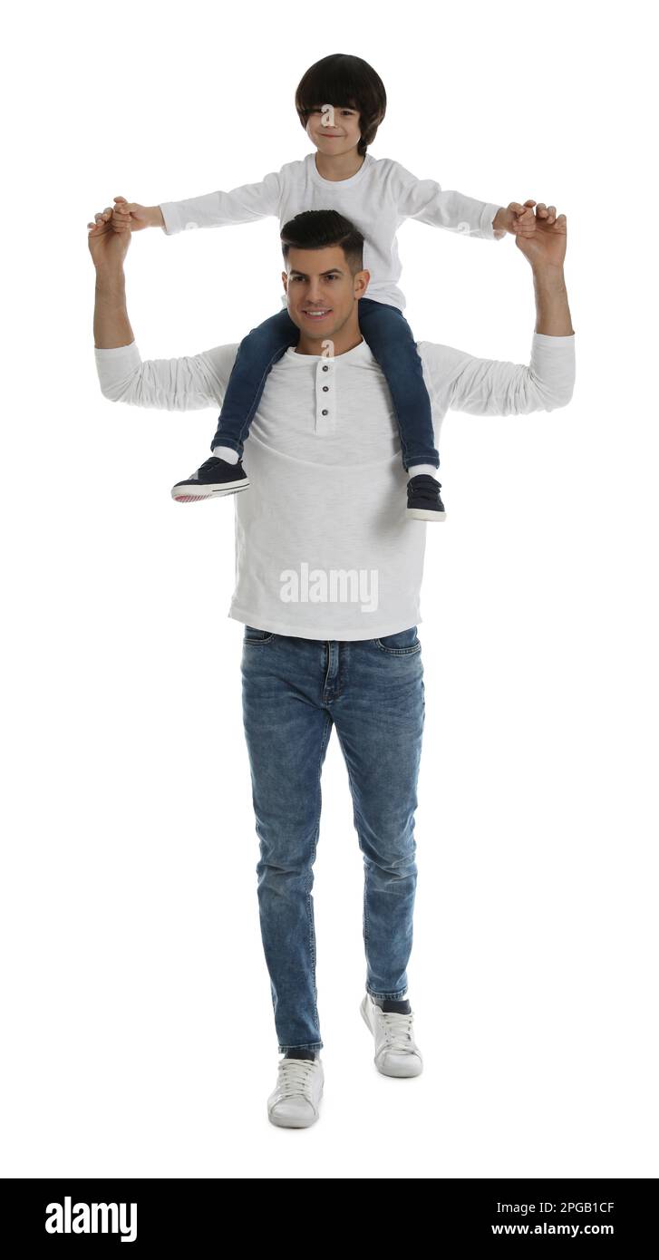 Little boy with his father on white background Stock Photo - Alamy