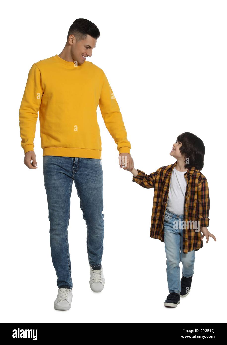 Little boy with his father on white background Stock Photo - Alamy