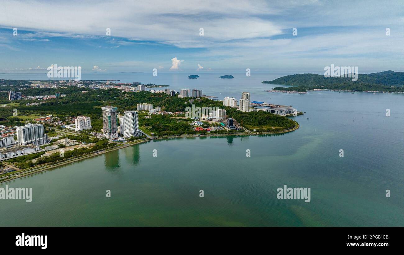 Top view of panorama of Kota Kinabalu city with modern buildings ...