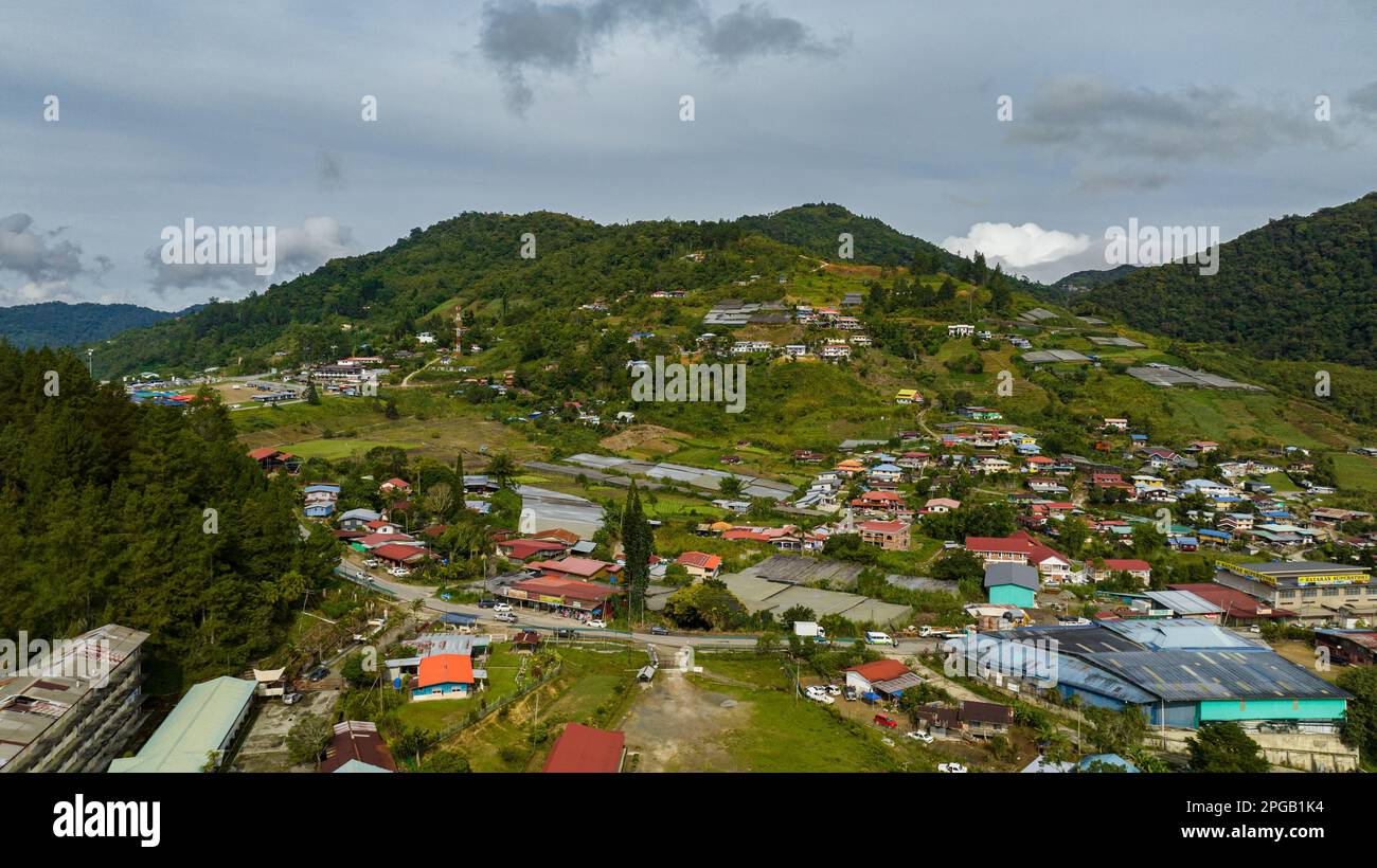 Aerial view of town in the mountains of Borneo. Sabah, Malaysia ...