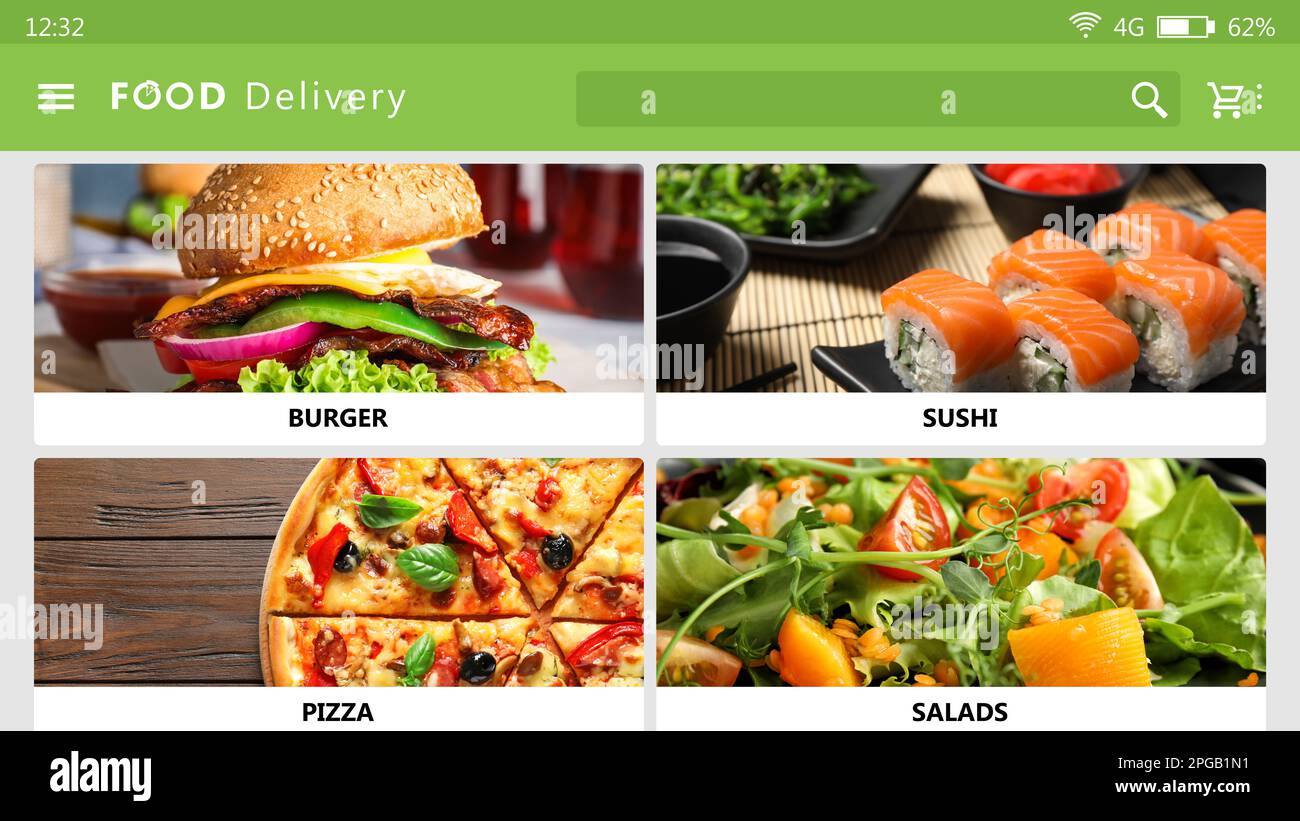 Food delivery app. Display with appetizing menu Stock Photo - Alamy
