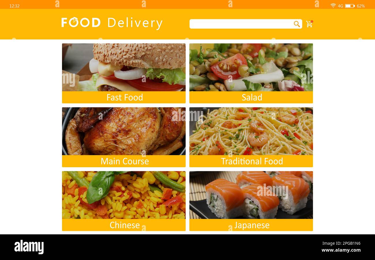 Food delivery app. Display with appetizing menu Stock Photo - Alamy