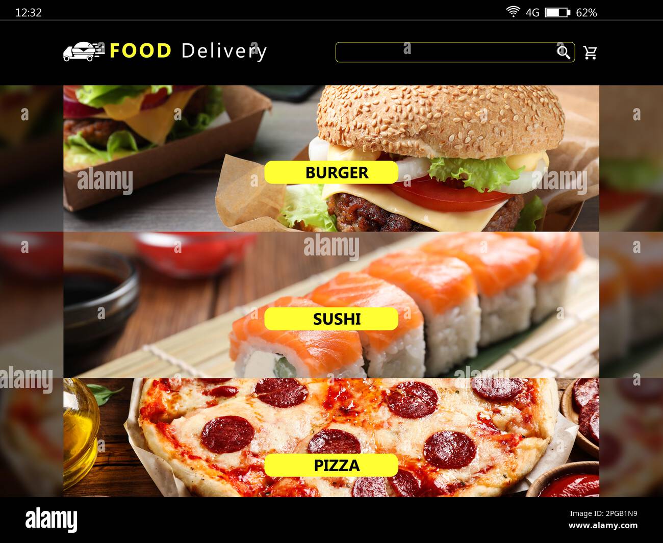 Food delivery app. Display with appetizing menu Stock Photo - Alamy