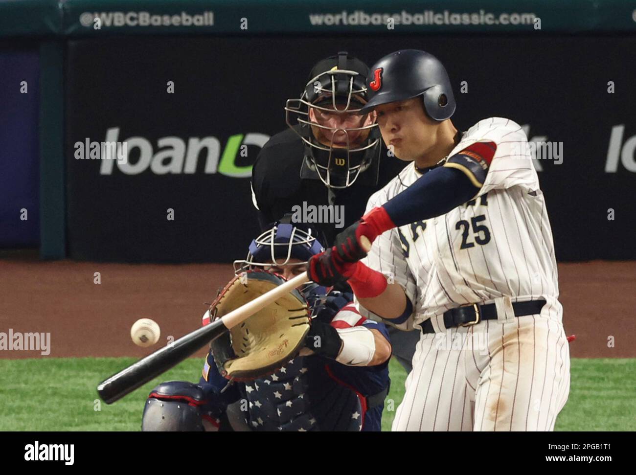 Japan's Kazuma Okamoto homers in the 4th inning of the World Baseball Classic (WBC) final match ...