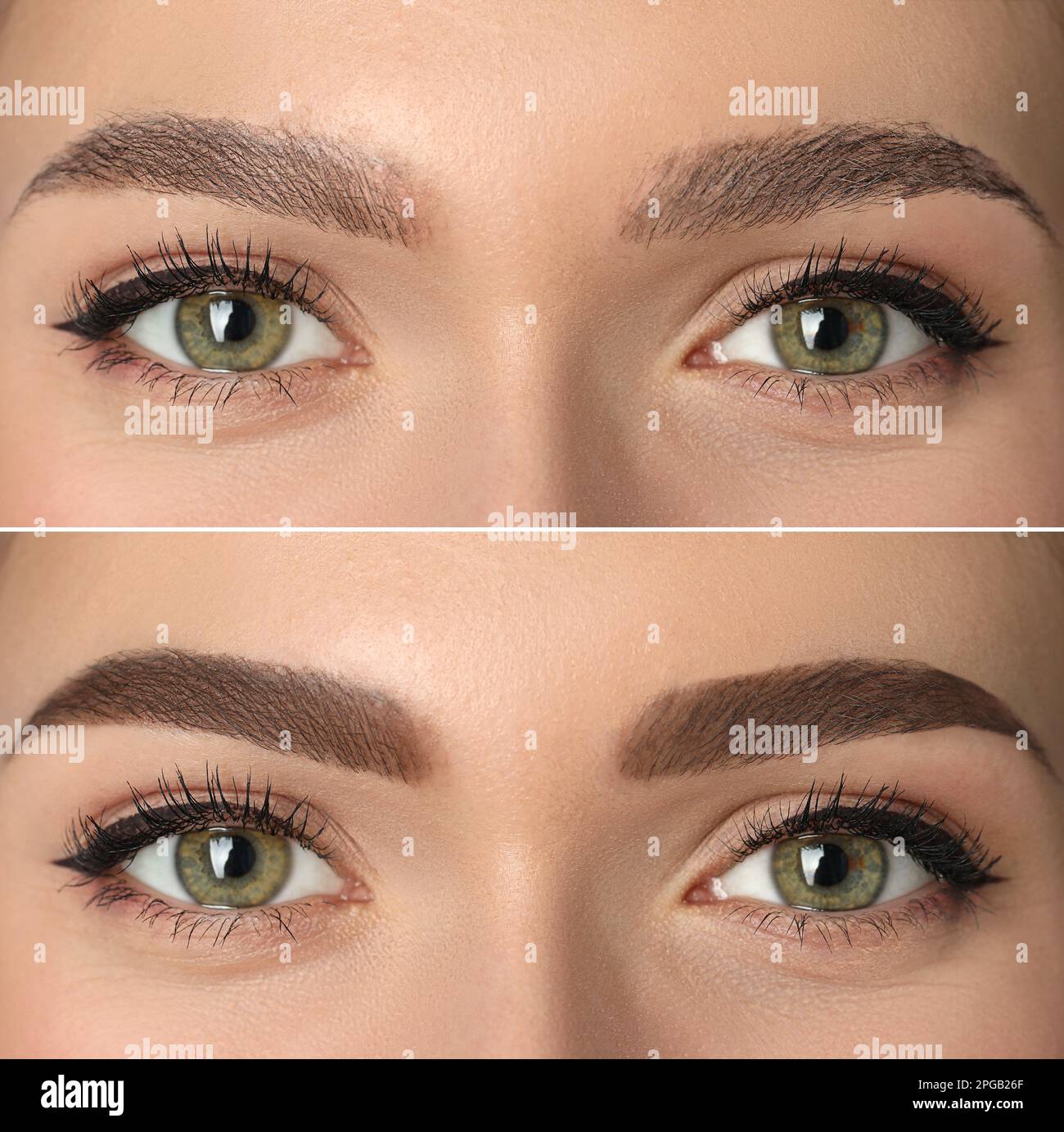 Collage with photos of young woman before and after permanent makeup ...