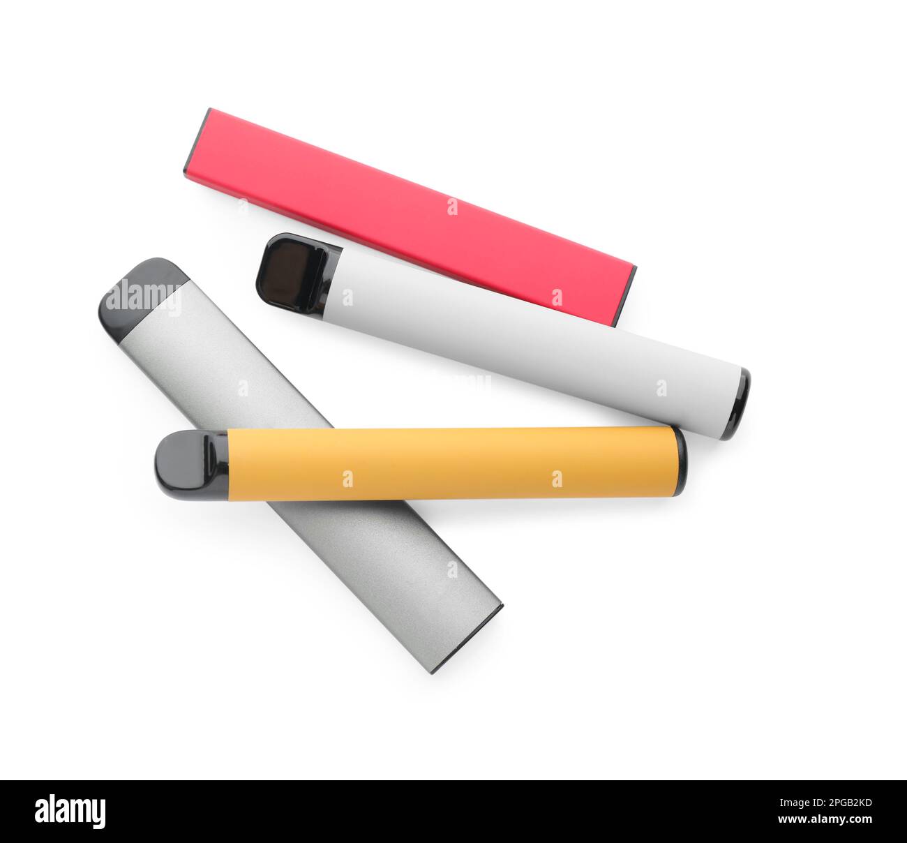 Many disposable electronic smoking devices on white background, top ...