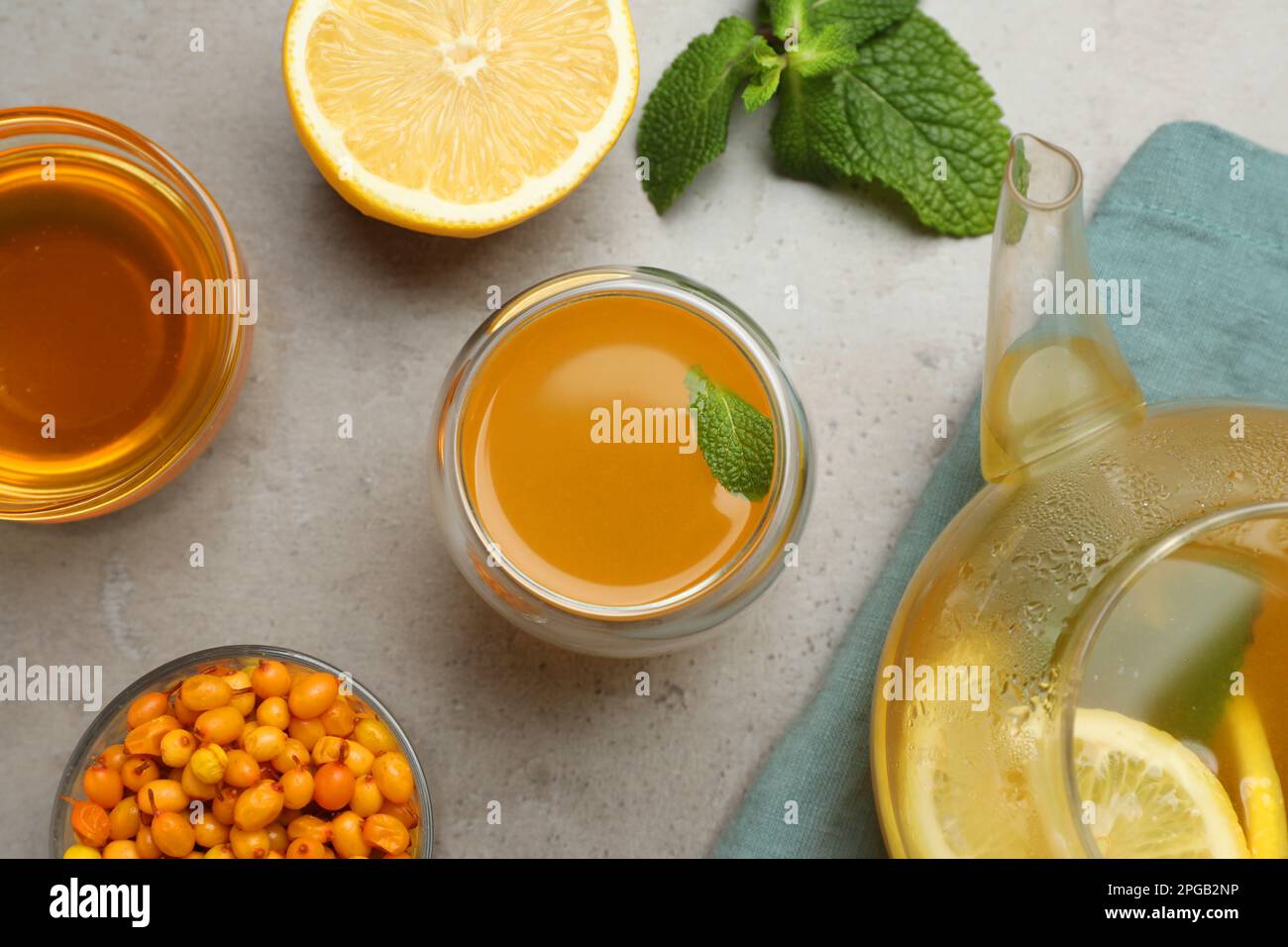 Flat lay composition with immunity boosting drink and ingredients on ...