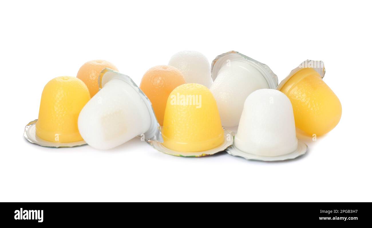 Tasty bright jelly cups on white background Stock Photo - Alamy