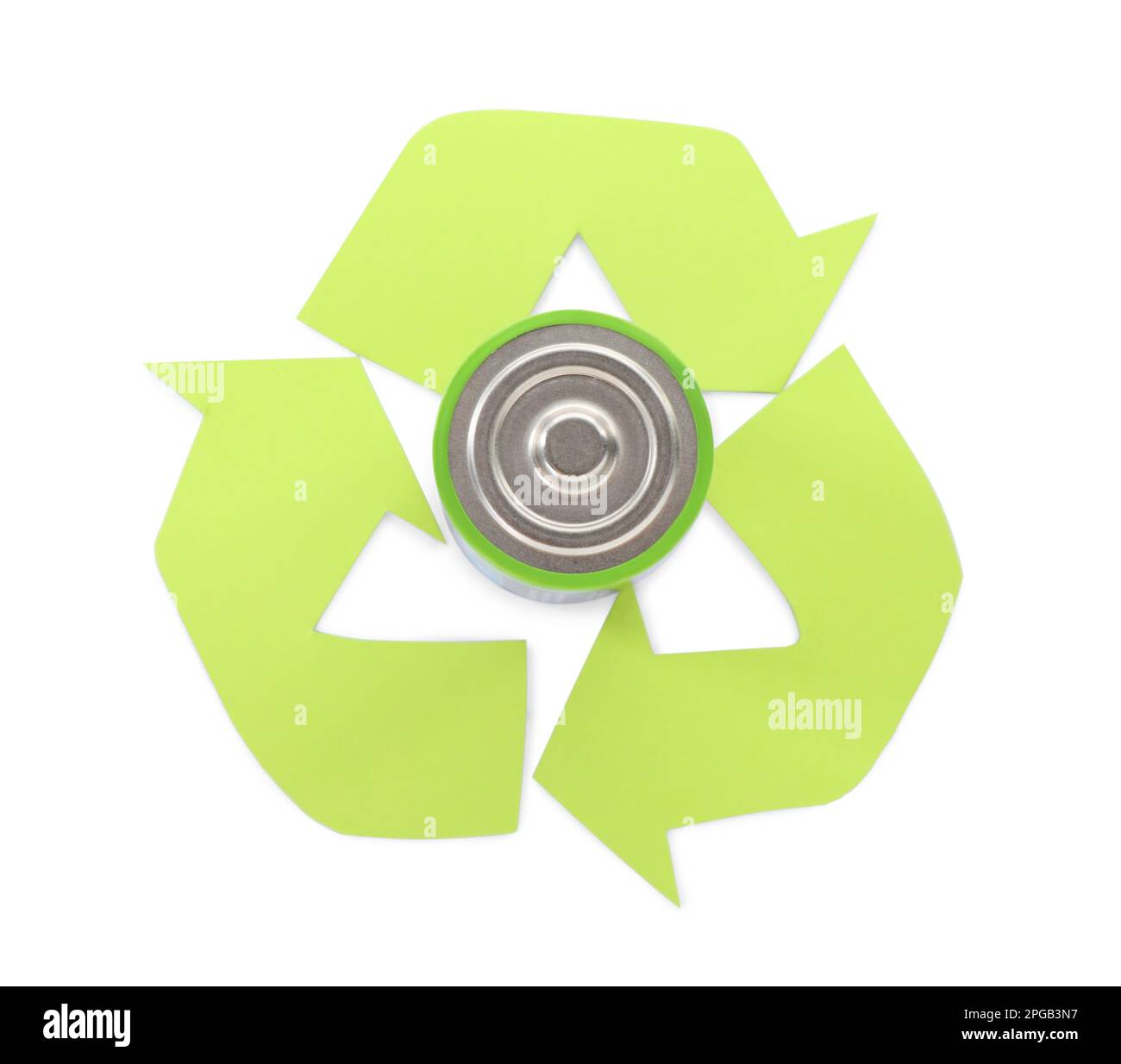 Used battery and recycling symbol on white background, top view Stock ...