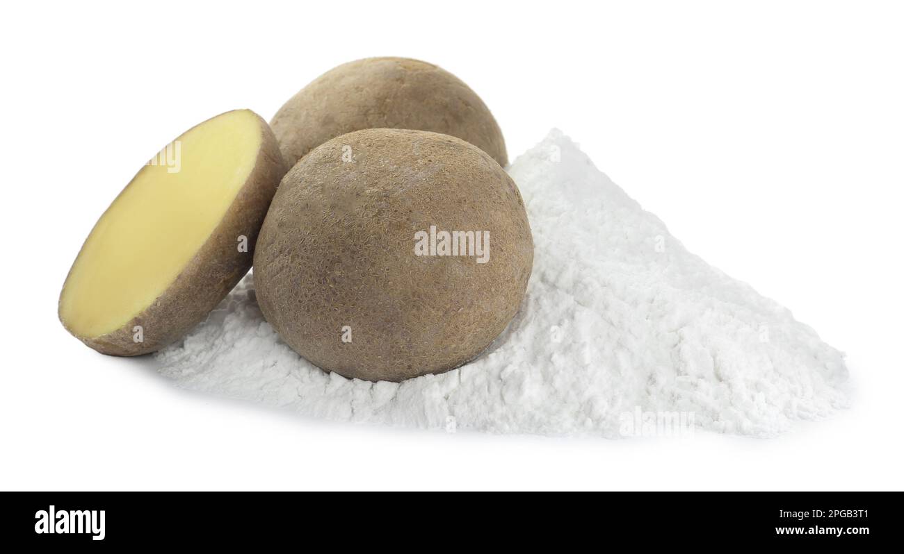 Pile of starch and fresh raw potatoes on white background Stock Photo ...