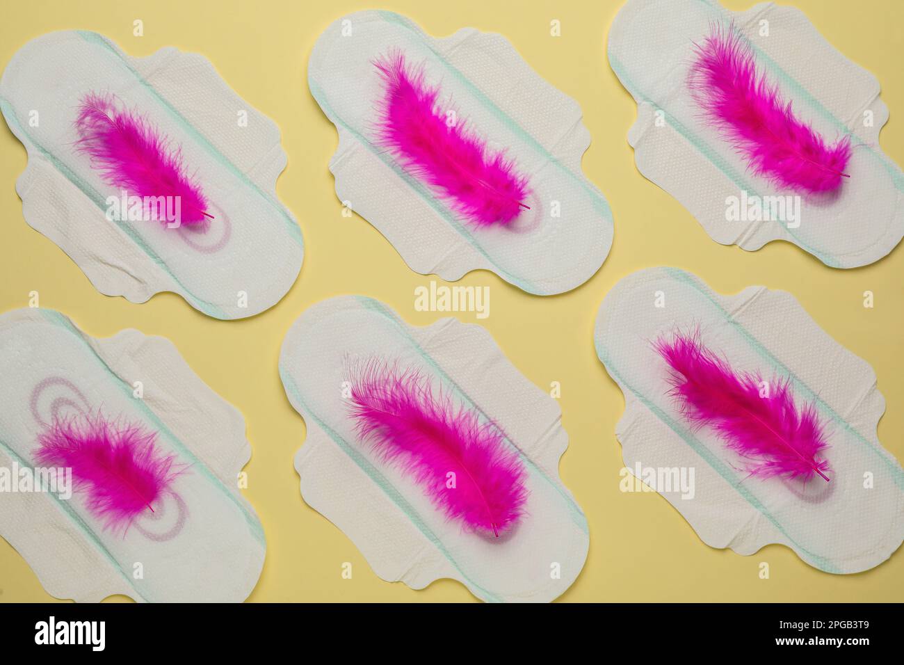 Menstrual pads with pink feathers on beige background, flat lay Stock ...