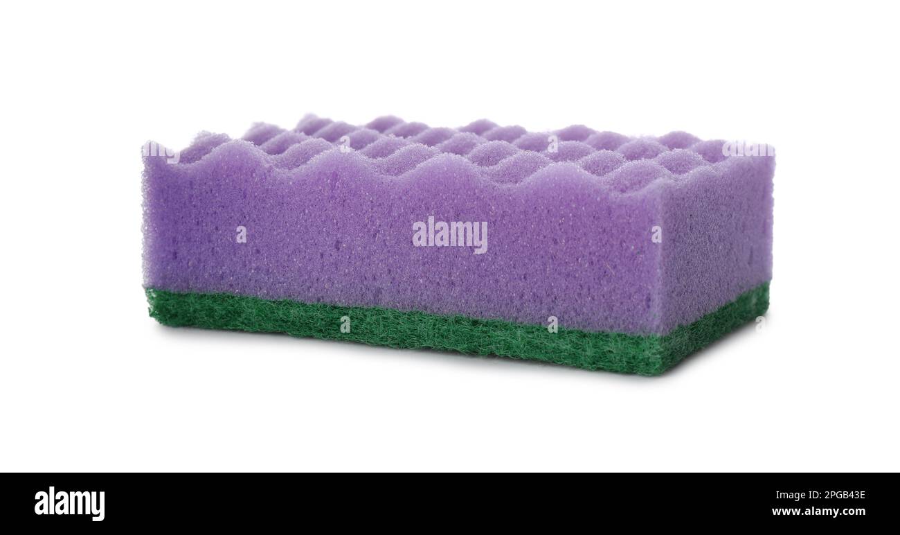 Purple cleaning sponge with abrasive green scourer isolated on white ...
