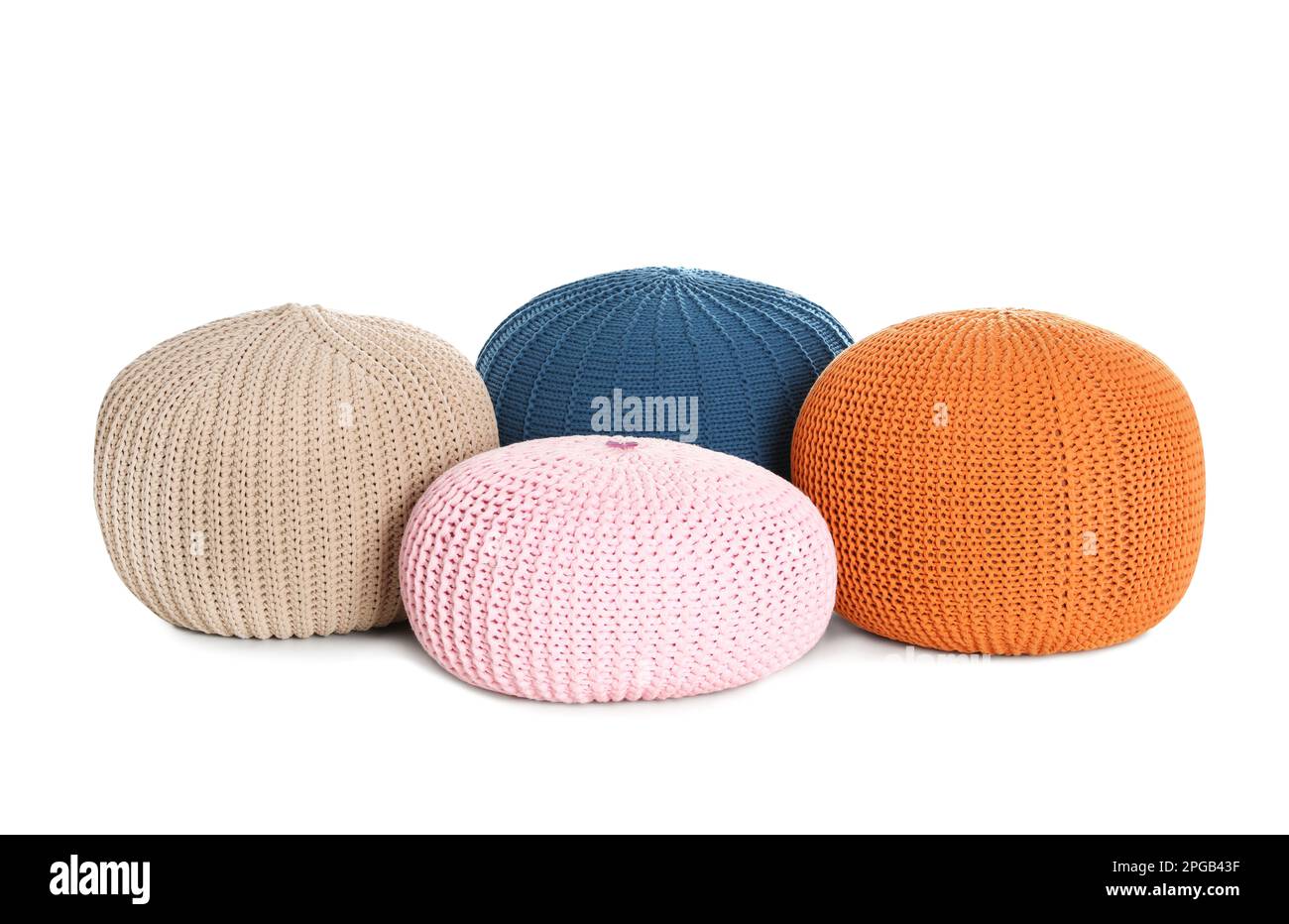 Different stylish poufs on white background. Home design Stock Photo ...