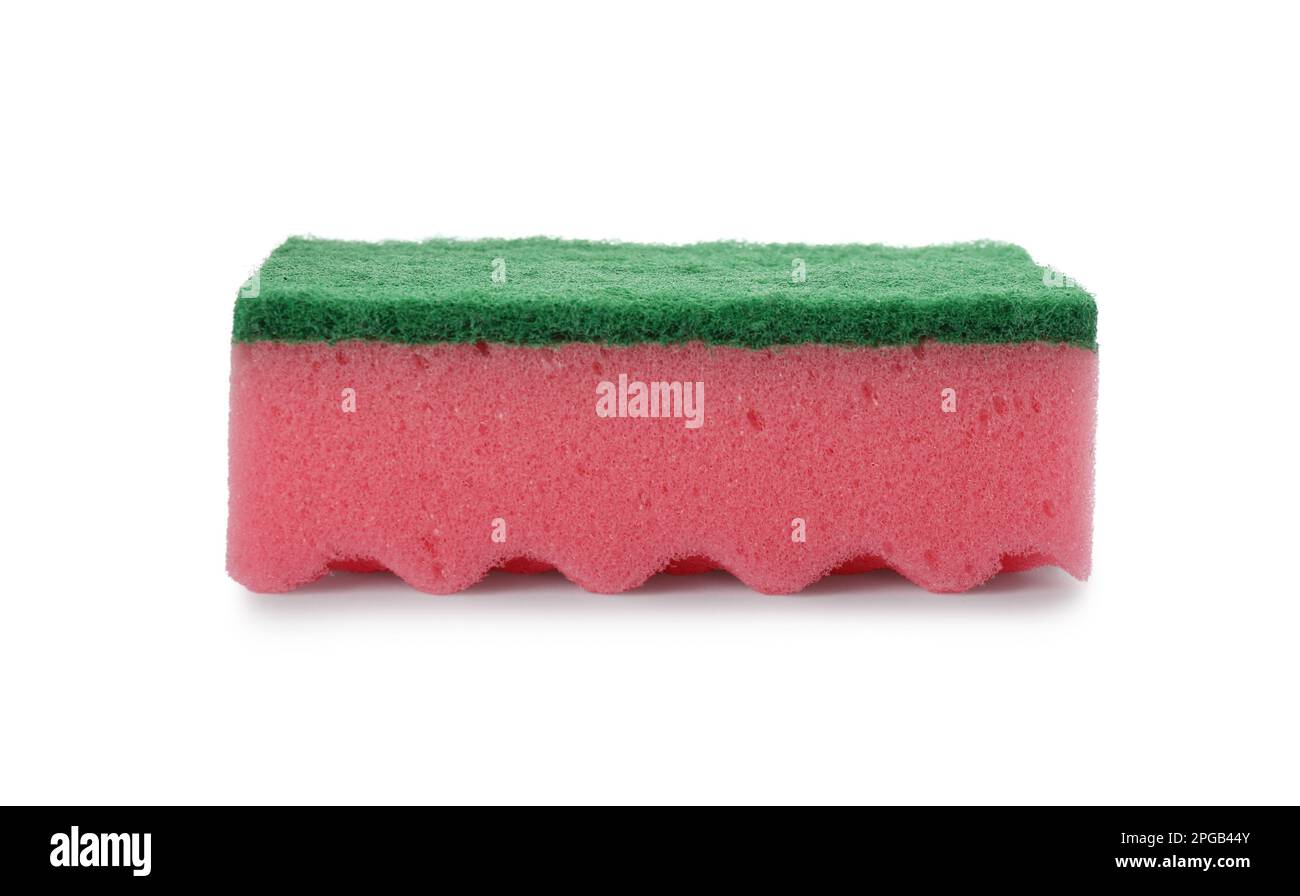 Pink cleaning sponge with abrasive green scourer isolated on white ...