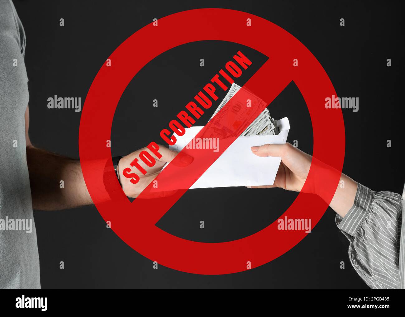 Stop corruption. Illustration of red prohibition sign and woman giving ...