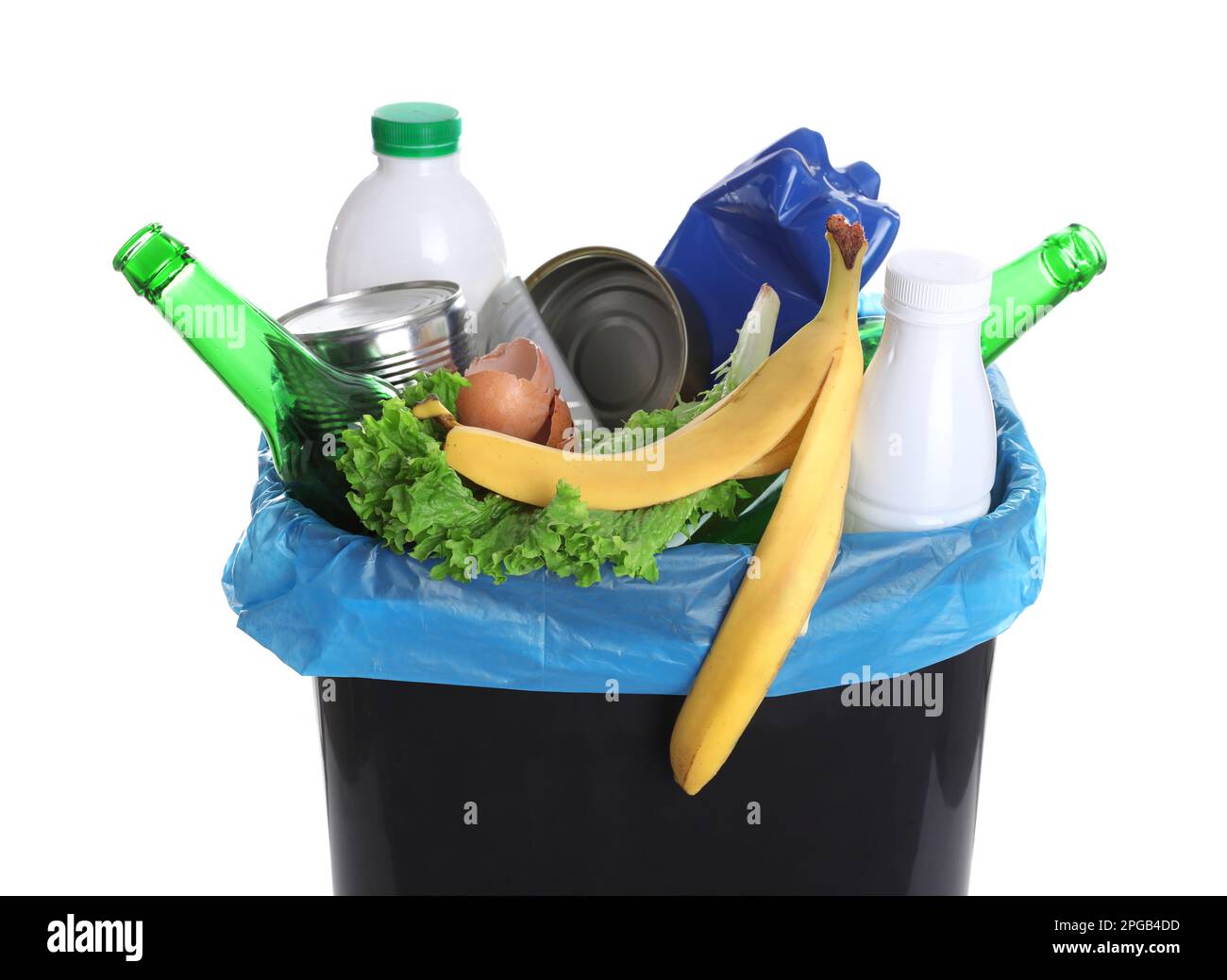 Trash bin full of garbage on white background, closeup. Recycling ...
