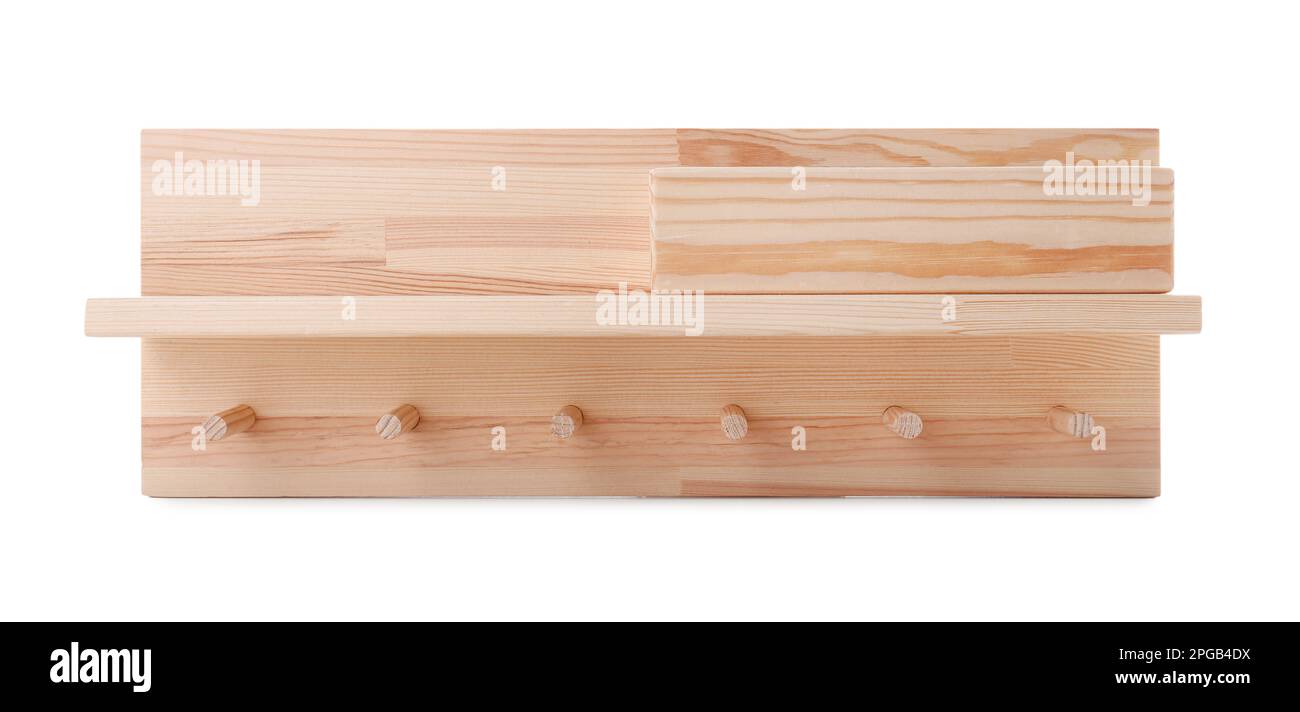 Stylish wooden hanger for keys on white background Stock Photo - Alamy