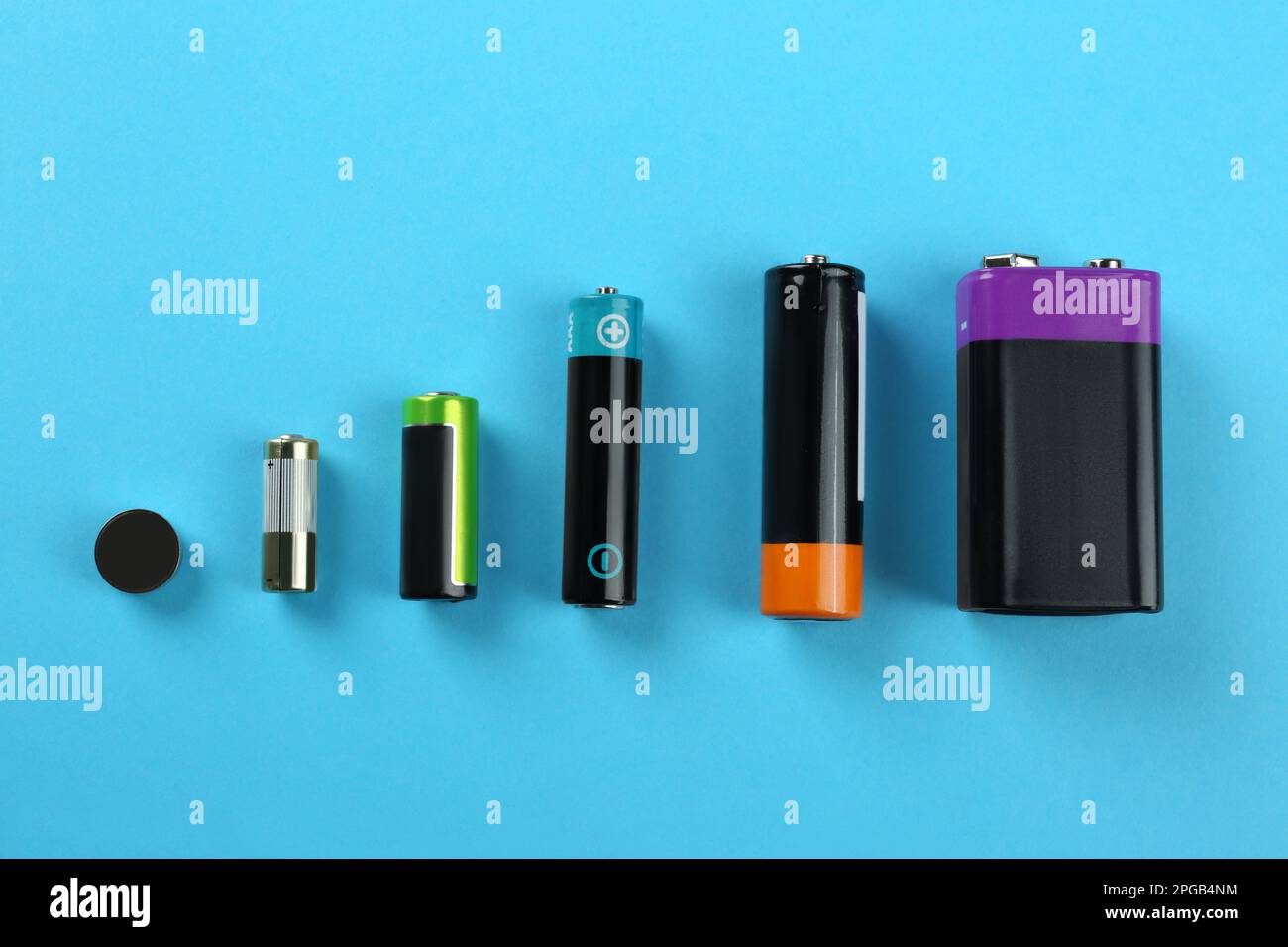 Different types of batteries on turquoise background, flat lay Stock ...