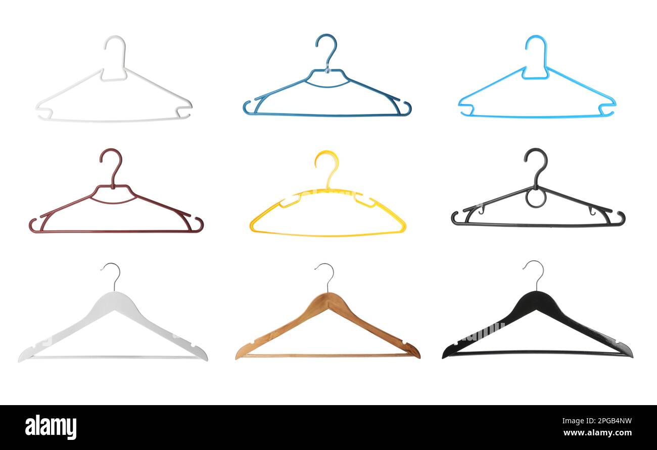 Set with different empty hangers on white background Stock Photo - Alamy