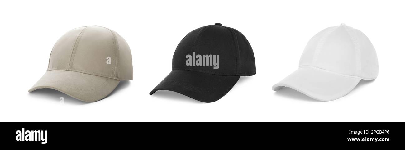 Set with different baseball caps on white background. Mock up for ...