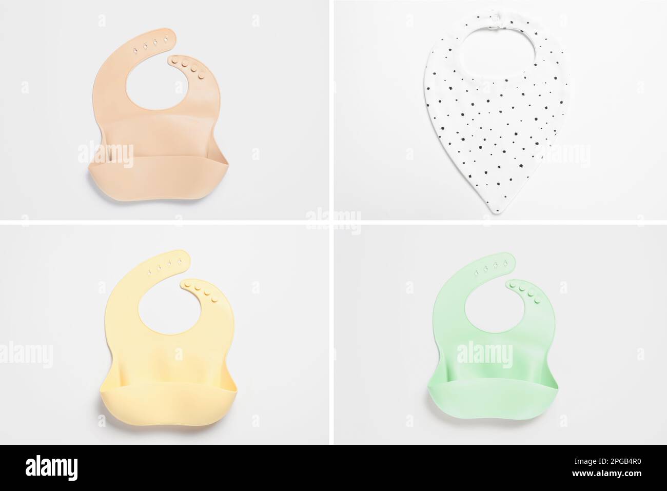 Different baby bibs on light background, top view. Collage Stock Photo ...
