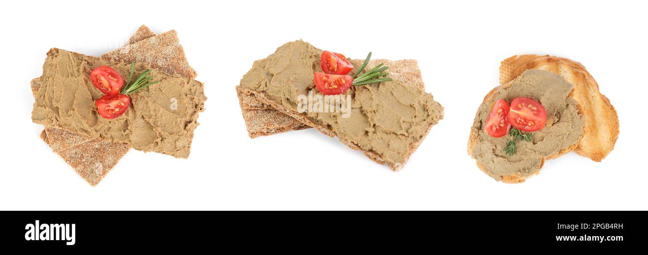 Crispy crackers and bread with tasty liver pate on white background ...