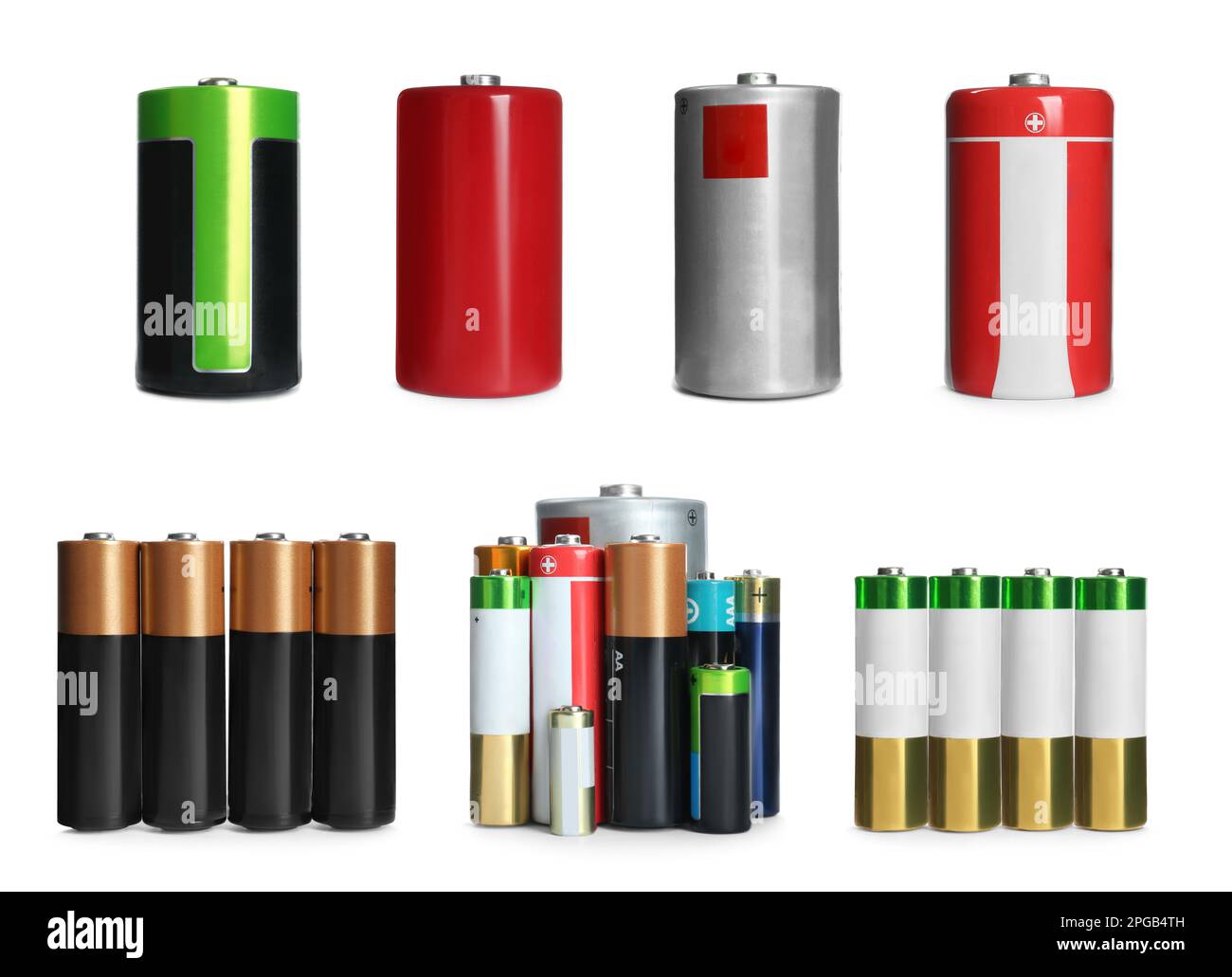 Many batteries of different types on white background, collage Stock ...