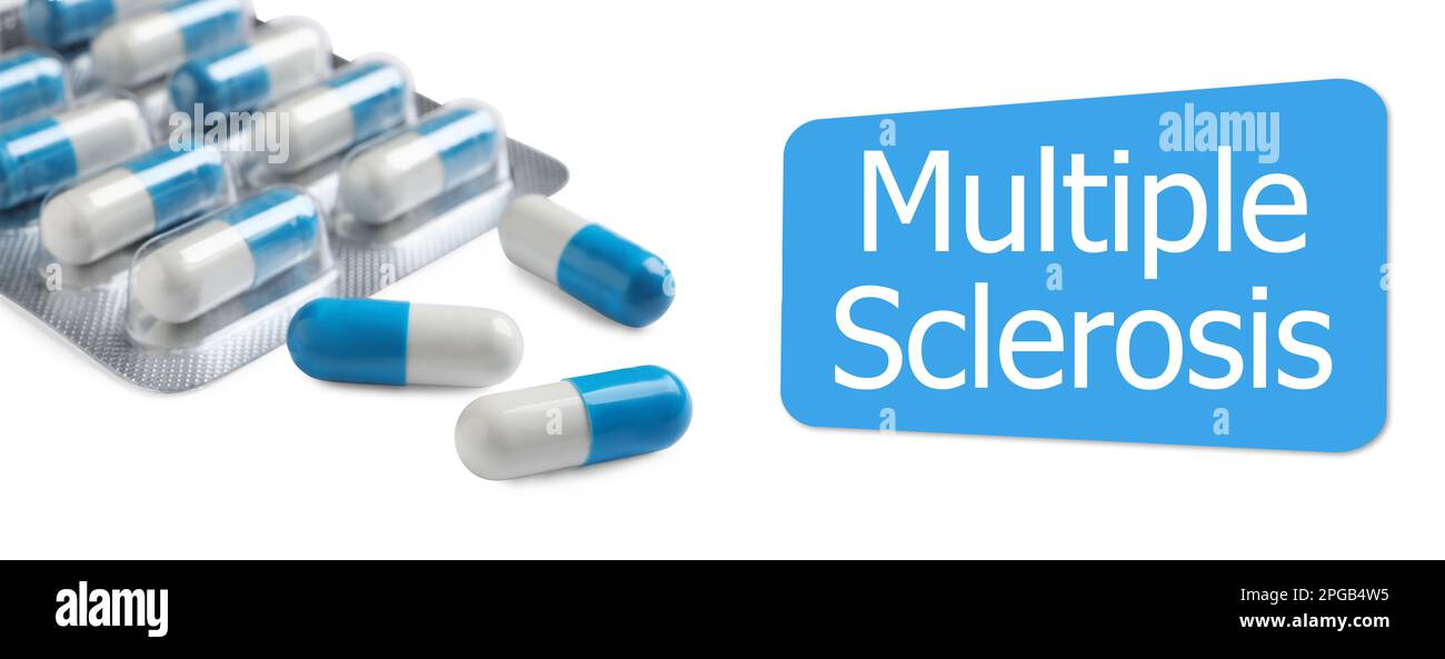 Multiple sclerosis treatment. Blister with pills on white background ...