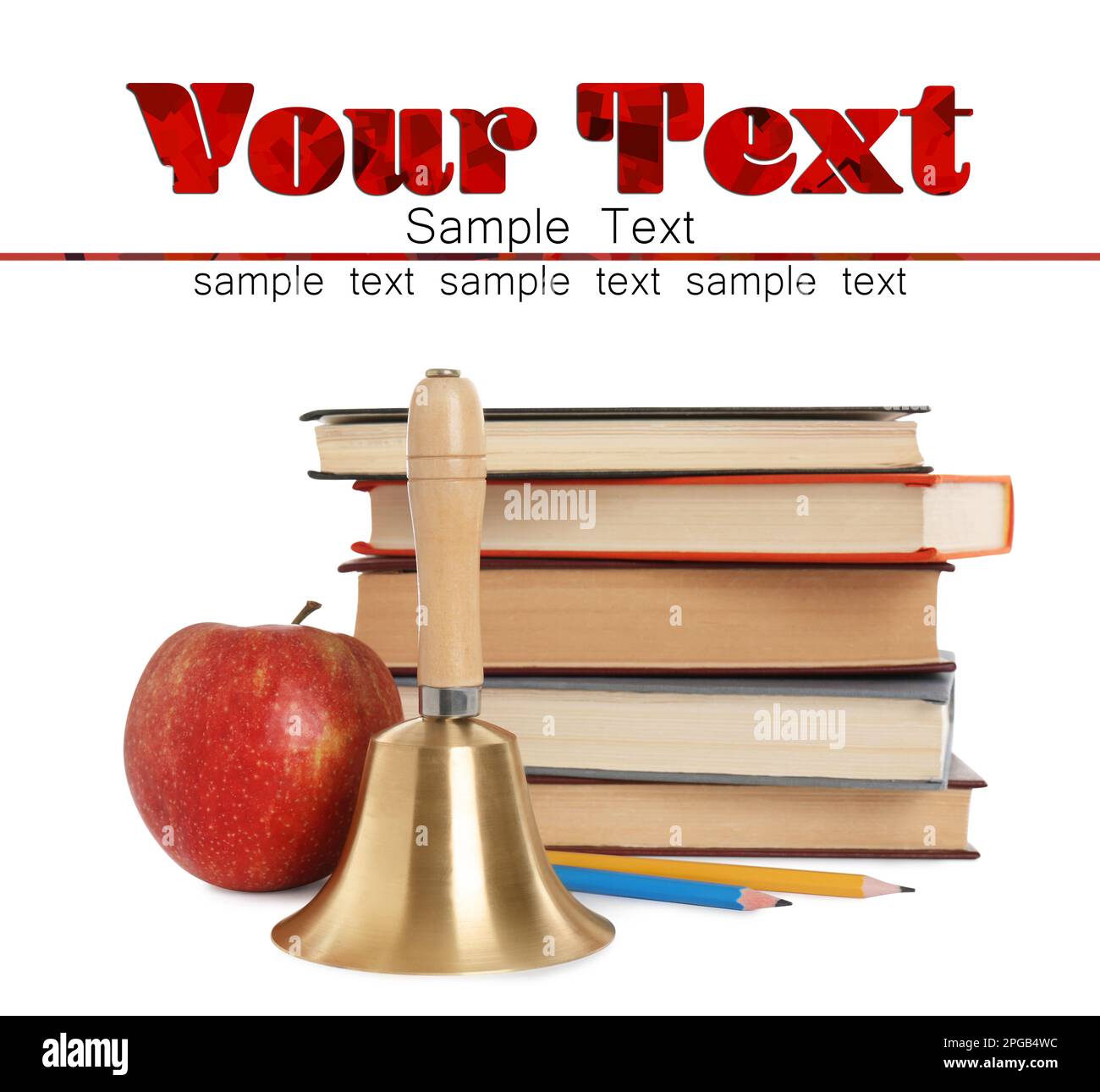 Golden school bell with wooden handle, apple and stack of books on ...