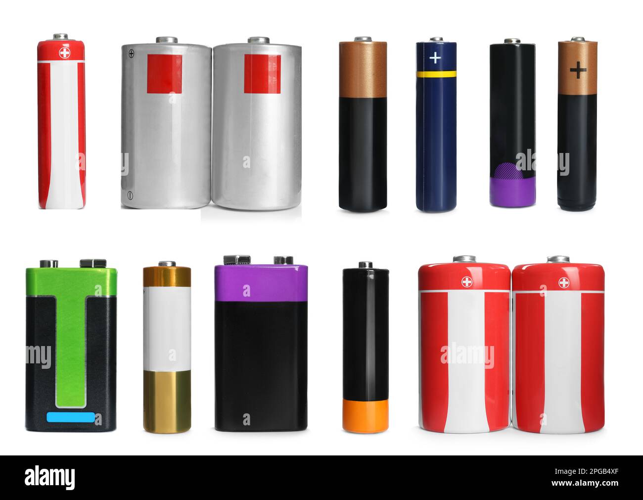 Many batteries of different types on white background, collage Stock ...