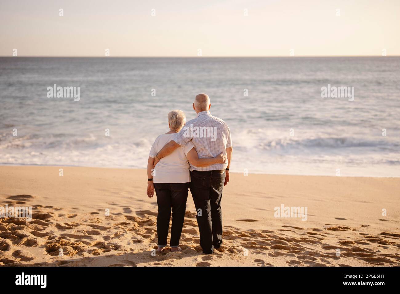 Elderly couple hugging each other on the beach seen from their back ...