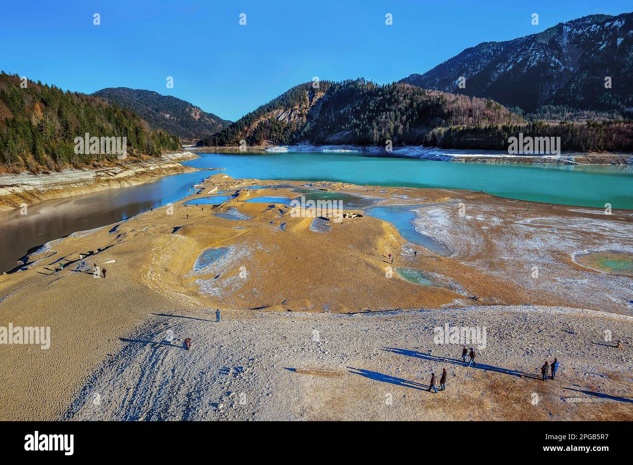 Sylvenstein reservoir, partially drained with foundation walls of old ...