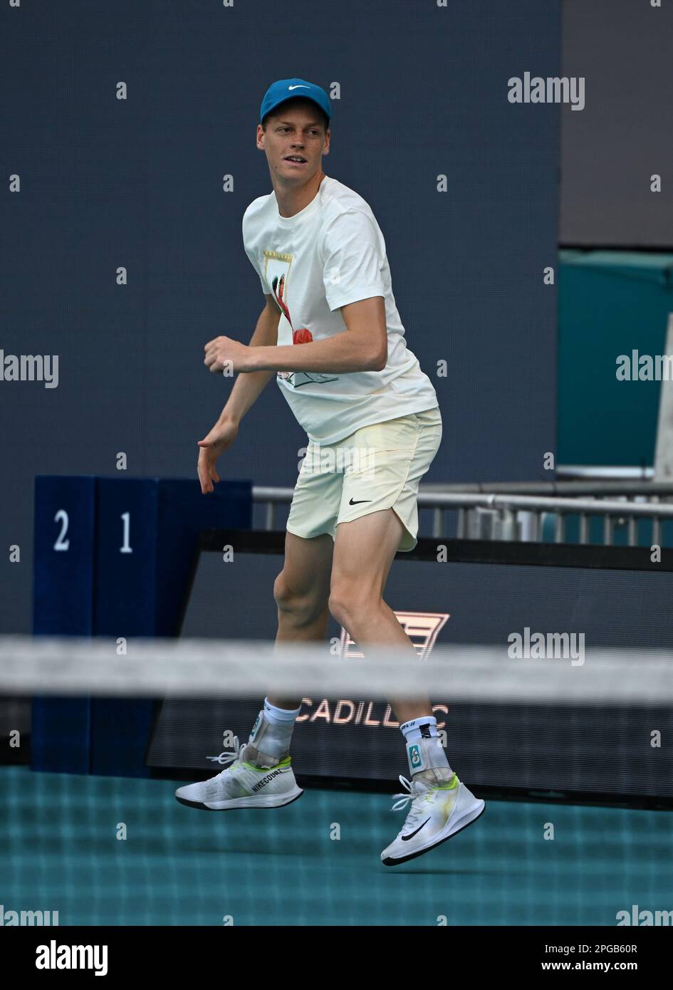 Miami Gardens FL, USA. 21st Mar, 2023. Jannik Sinner is seen training ...