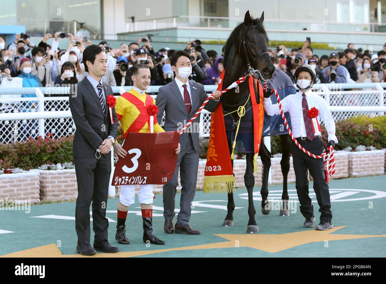 Hyogo, Japan. 19th Mar, 2023. Justin Palace, jockey Christophe Lemaire and trainer Haruki ...