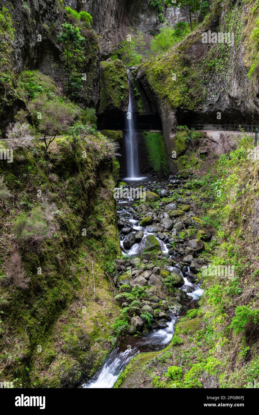 Levada do Moinho, Waterfall in a gorge, Ponta do Sol, Madeira, Portugal ...