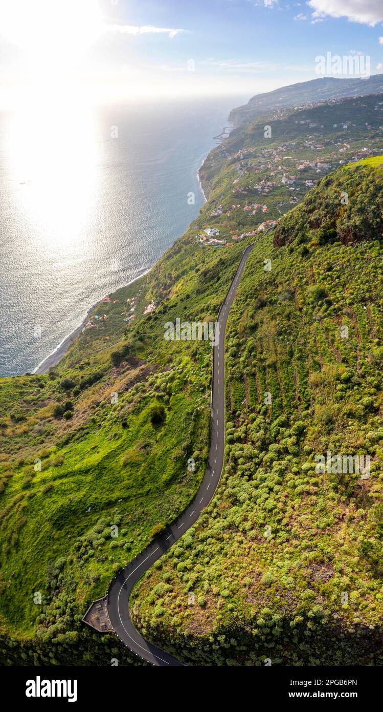 Country road from above, coast and villages, Madeira, Portugal Stock ...