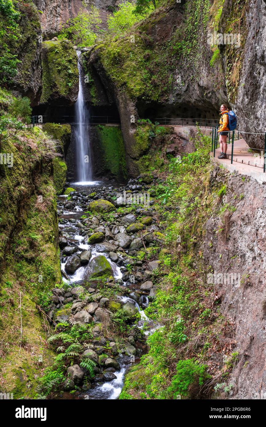 Hiker at Levada do Moinho, Waterfall in a gorge, Ponta do Sol, Madeira ...