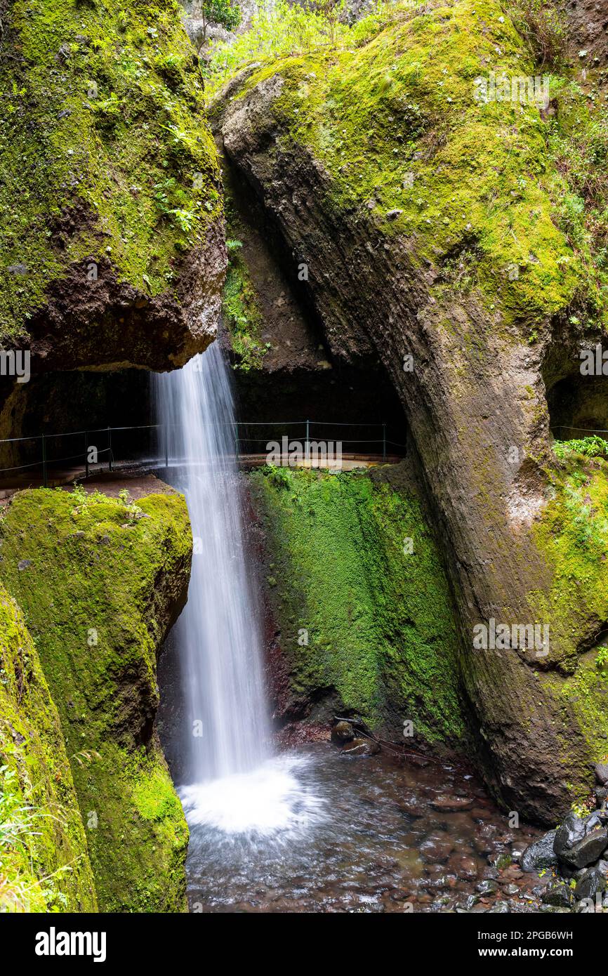 Levada do Moinho, Waterfall in a gorge, Ponta do Sol, Madeira, Portugal ...