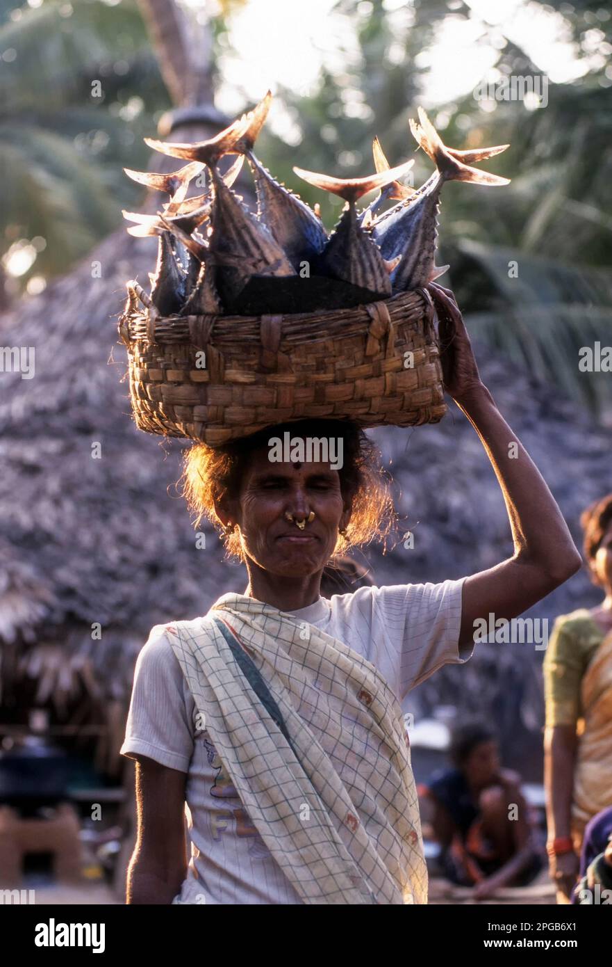 Fisher woman carrying fish on head, Visakhapatnam or Vizag, Andhra ...
