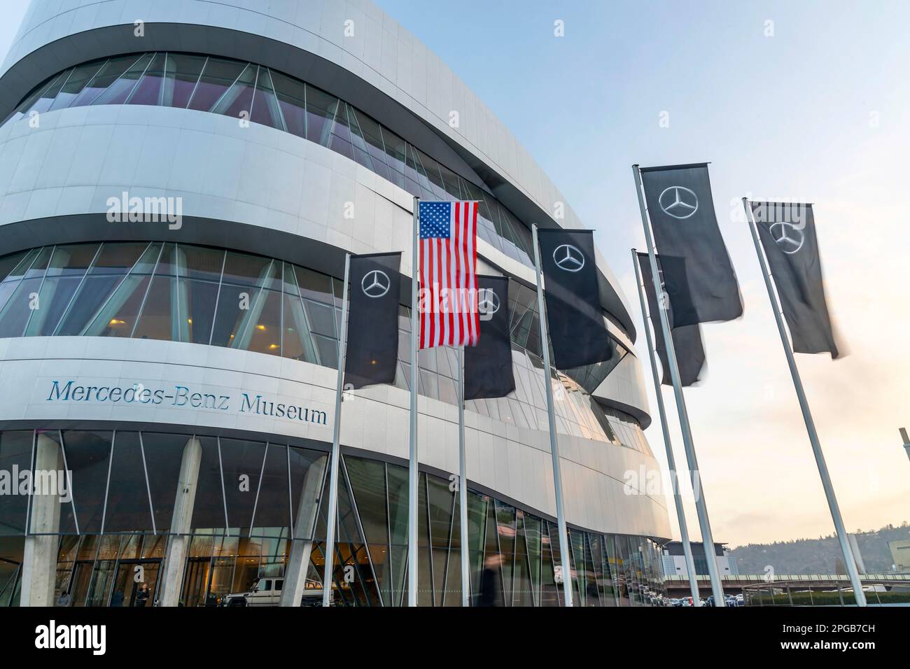 The American flag flies in front of the Mercedes Museum, Mercedes-Benz ...