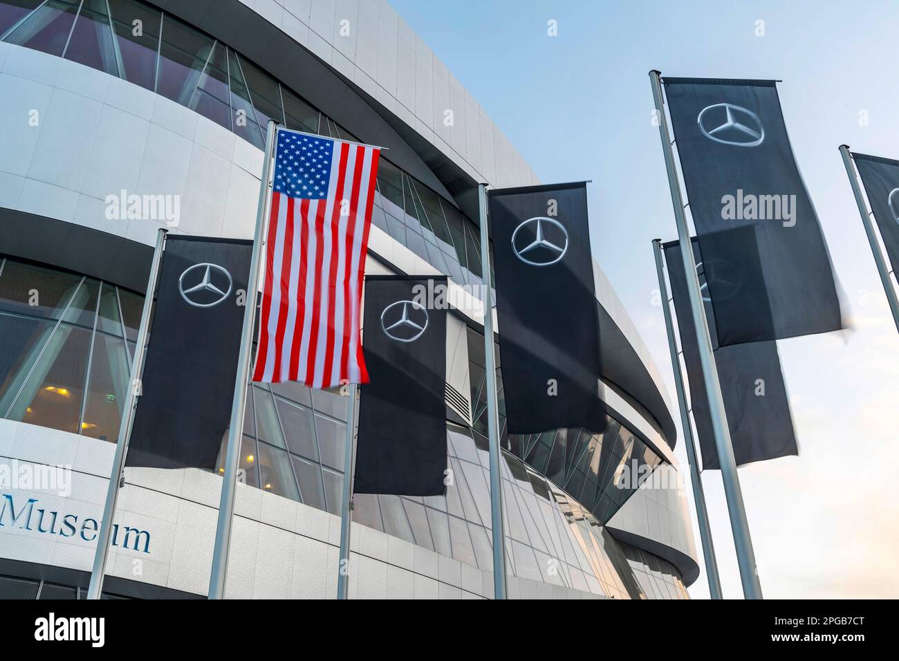 The American flag flies in front of the Mercedes Museum, Mercedes-Benz ...