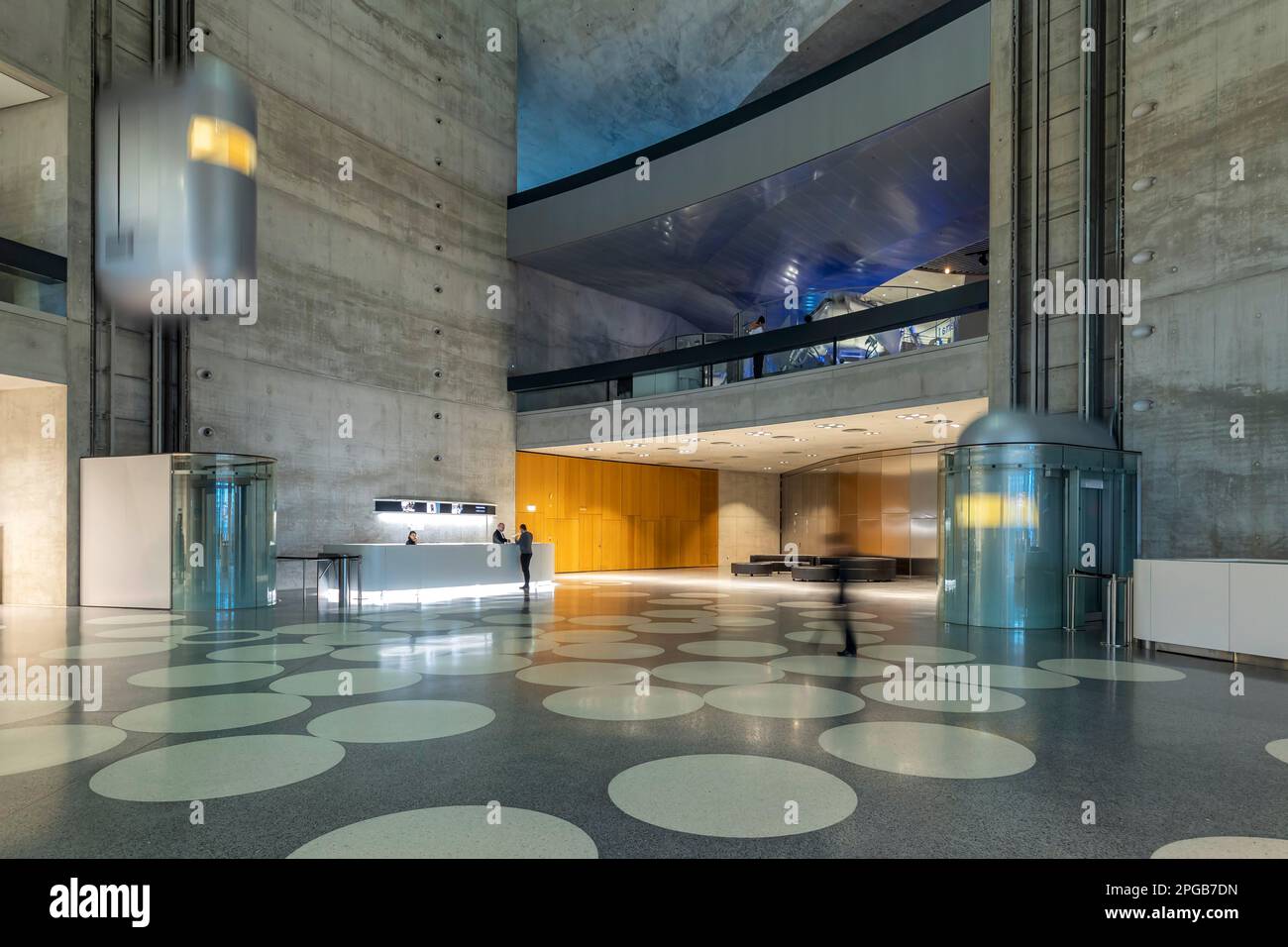 Foyer with futuristic lifts. Mercedes Museum, Stuttgarts most visited ...