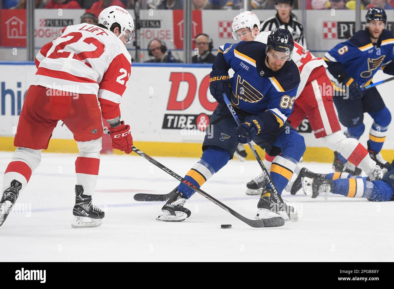 St. Louis Blues' Pavel Buchnevich (89) works the puck against Detroit ...