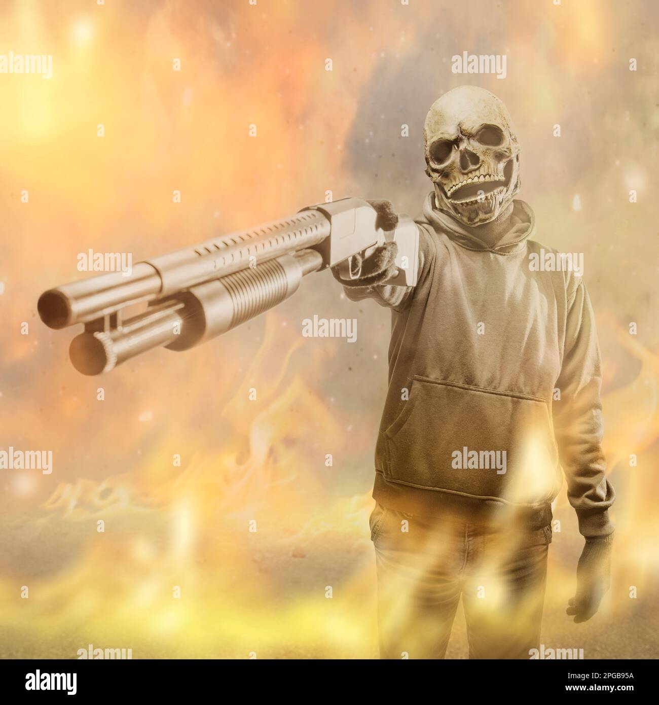 Man wearing a mask holding a gun with fire background Stock Photo - Alamy