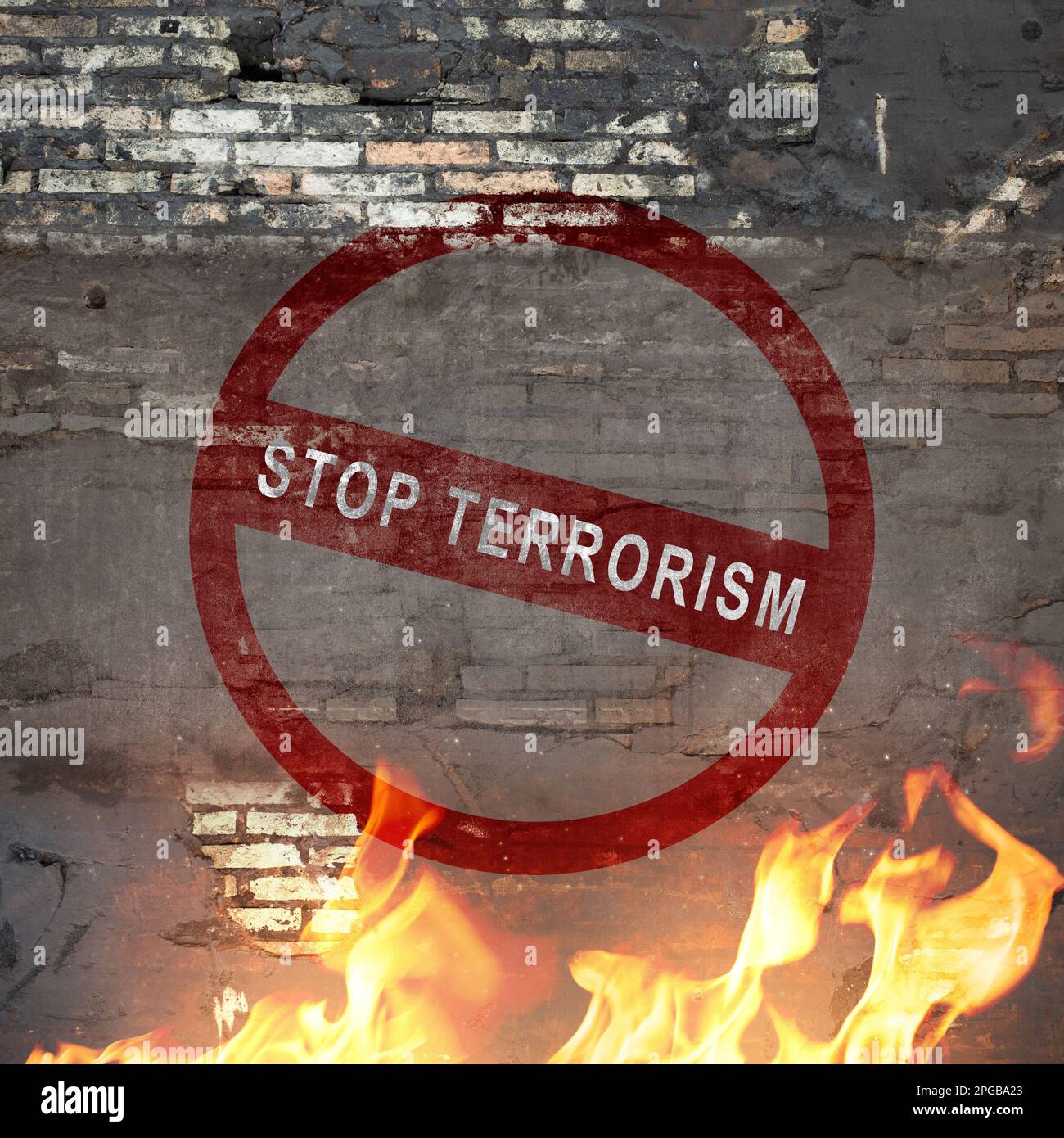 Bricked wall with stop terrorism sign with the fire background Stock ...
