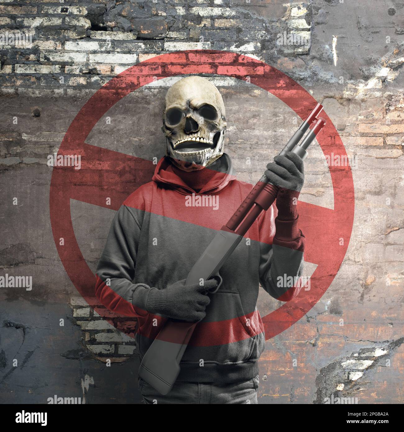 A man wearing a mask holding a gun with stop terrorism sign on a wall ...