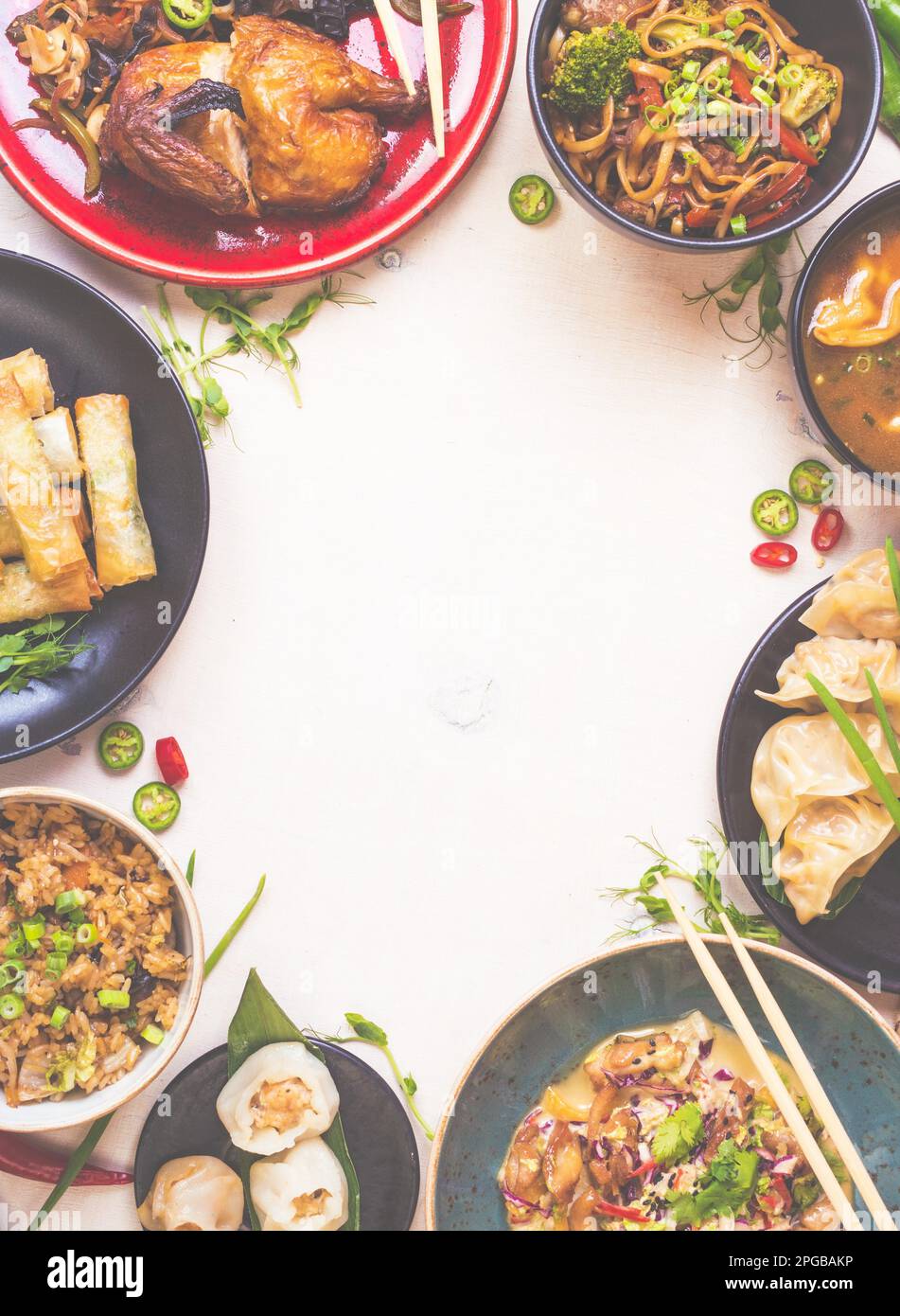 Chinese food white background. Chinese noodles, fried rice, dumplings ...