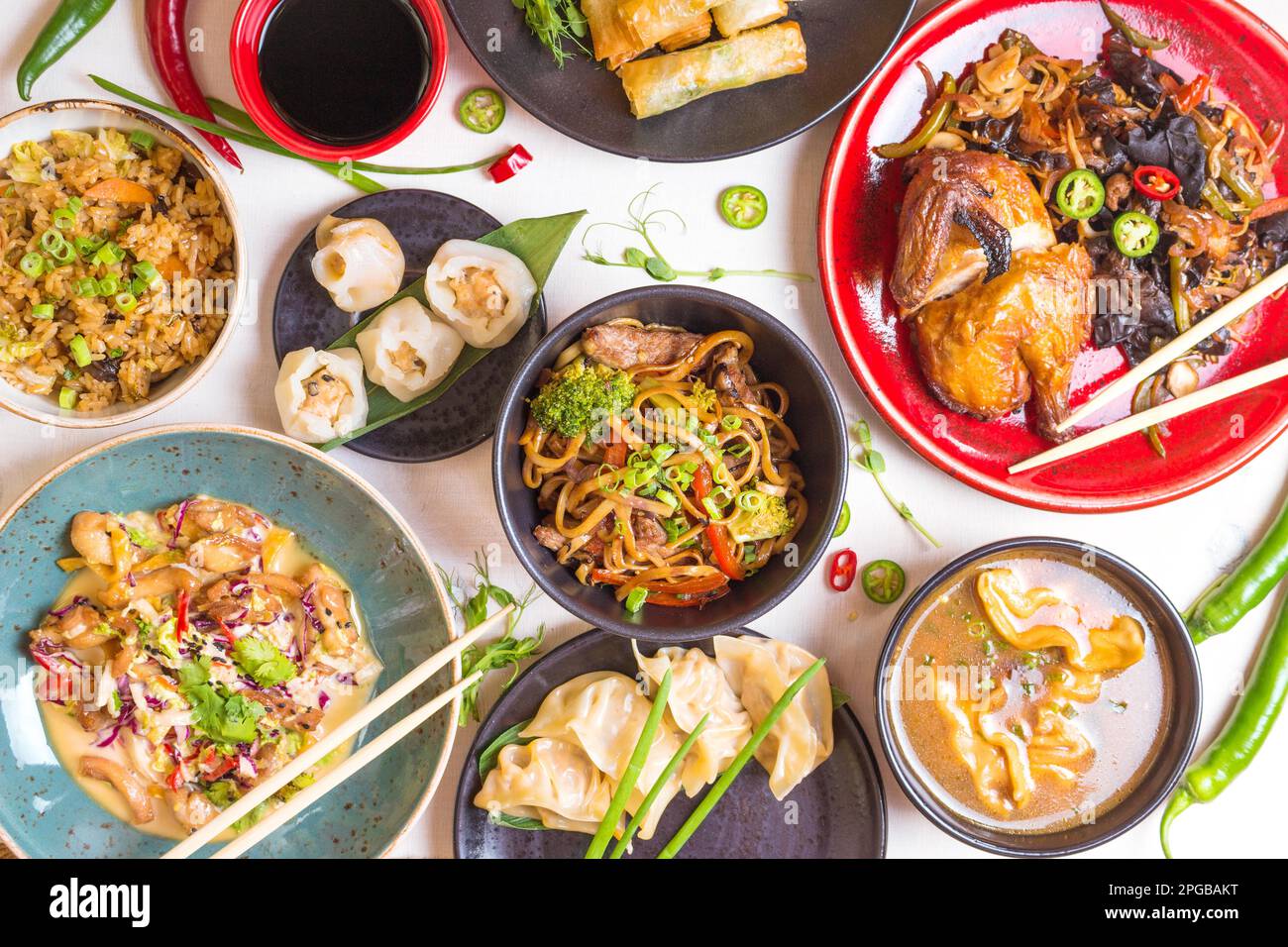 Assorted Chinese food set. Chinese noodles, fried rice, dumplings ...